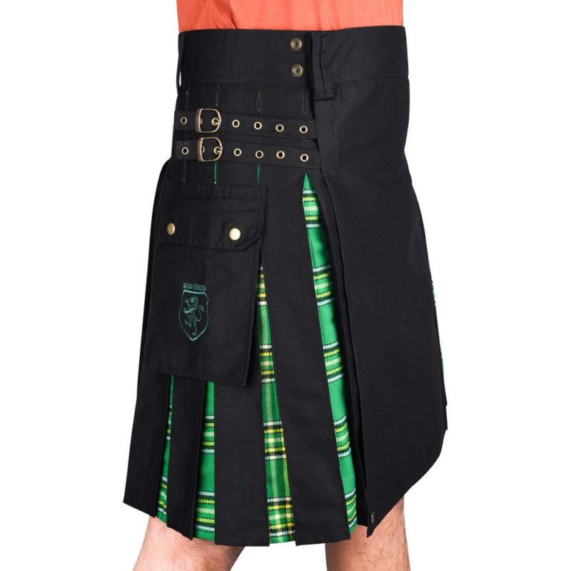 Men's Hybrid Black Cotton & Irish National Tartan Utility Kilt | DSS Kilts