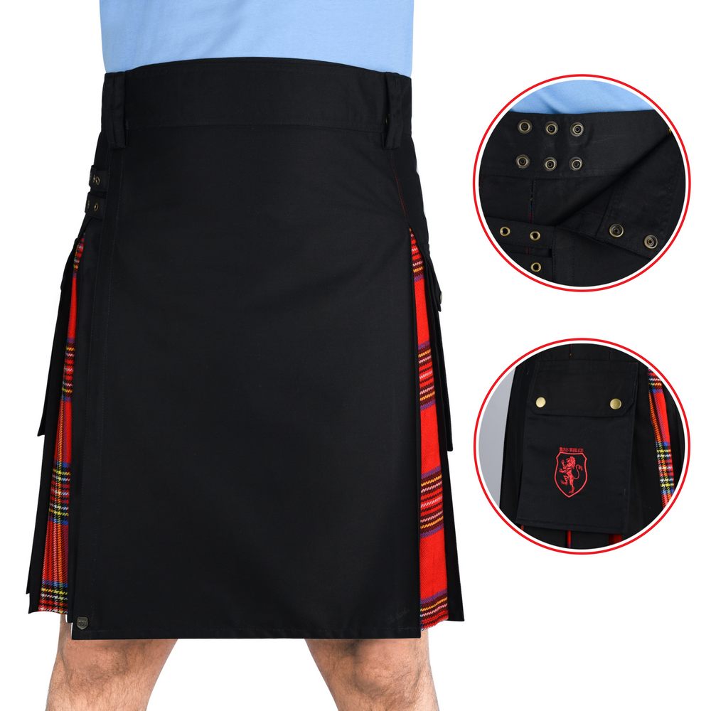 Men’s Hybrid Black Cotton & Royal Stewart Tartan Utility Kilt – DSS Kilts
