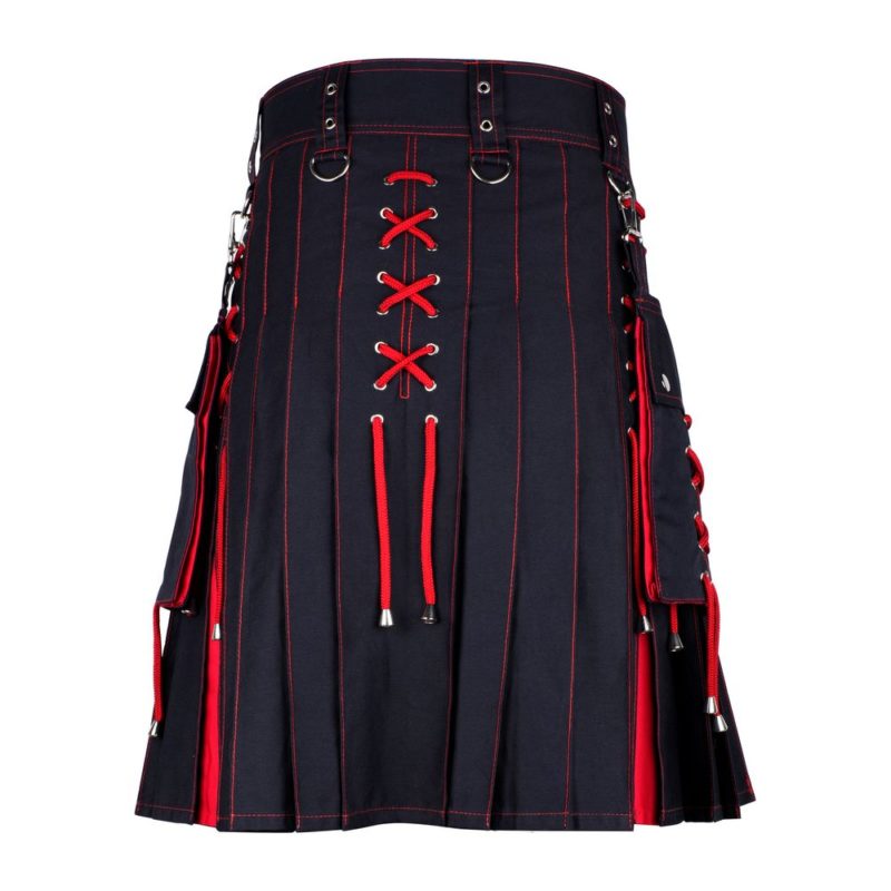 Men's Two Tone Red and Black Utility Cotton Kilt with Detachable ...