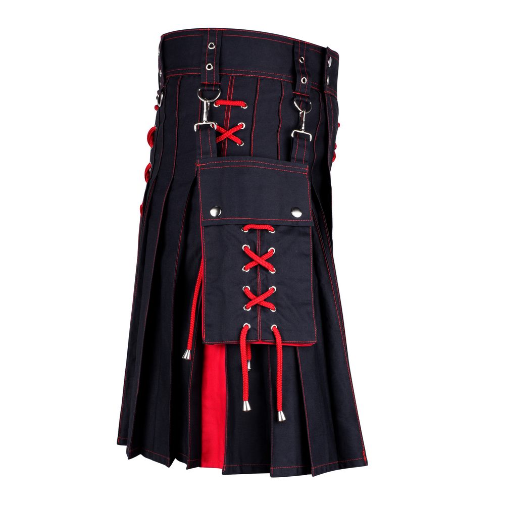Men's Two Tone Red and Black Utility Cotton Kilt with Detachable ...