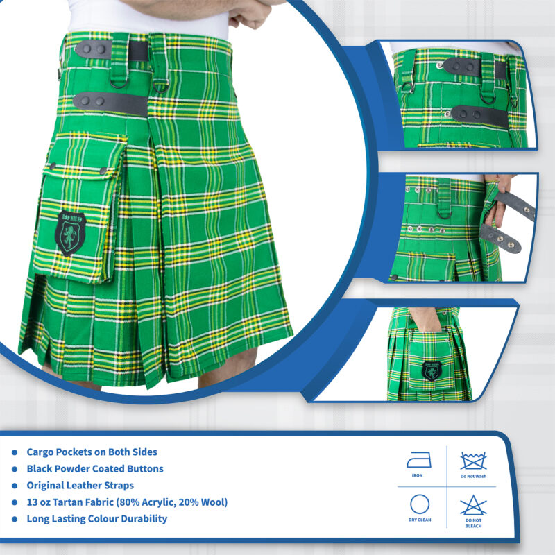 Scottish Light Weight National Irish Green Tartan Utility Kilt for Men ...